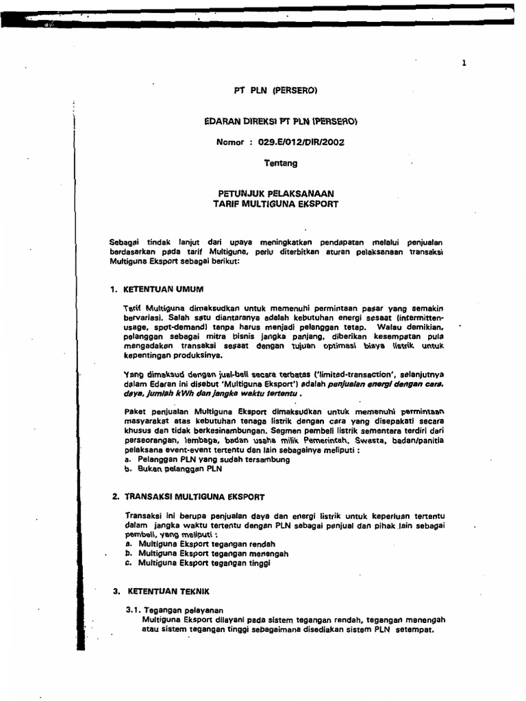 SE PLN No 029 E-2002 - Juklak Tarif Multiguna | PDF