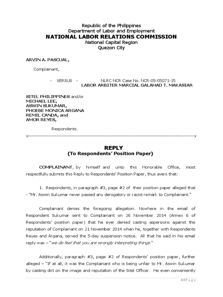 Reply to Respondents' Position Paper | PDF