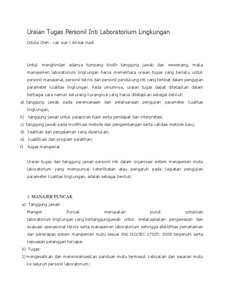 Tugas dan Tanggung Jawab Personil Laboratorium | PDF