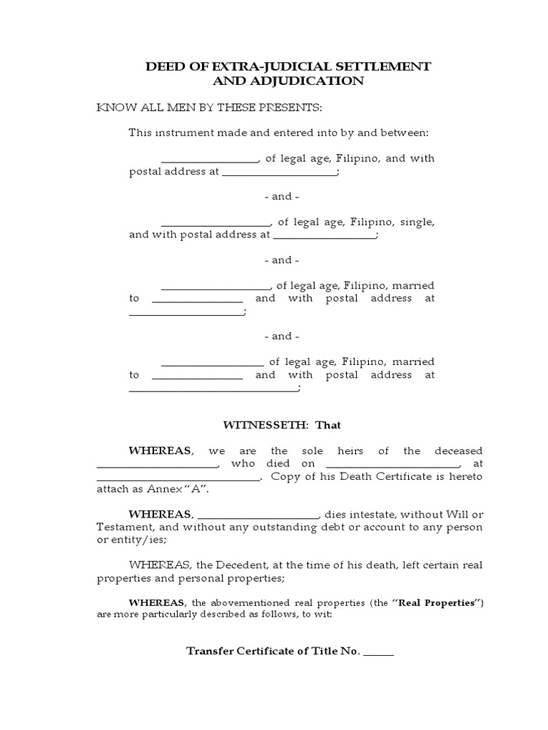 Deed of Extrajudicial Settlement and Adjudication Title Transfer | PDF ...