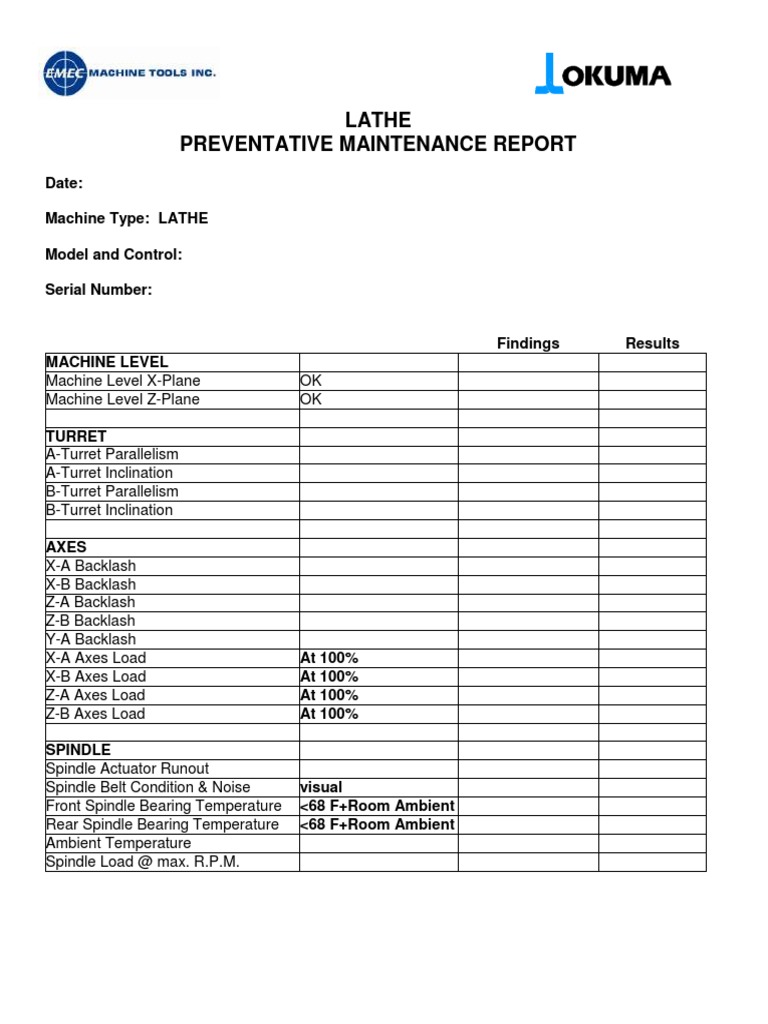 Preventative Maintenance Report for Lathe Highlighting Machine Systems ...