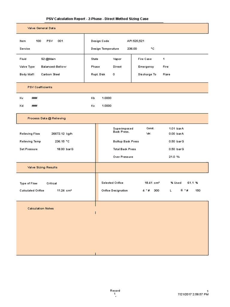 PSV Calculation Report - 2-Phase - Direct Method Sizing Case | PDF