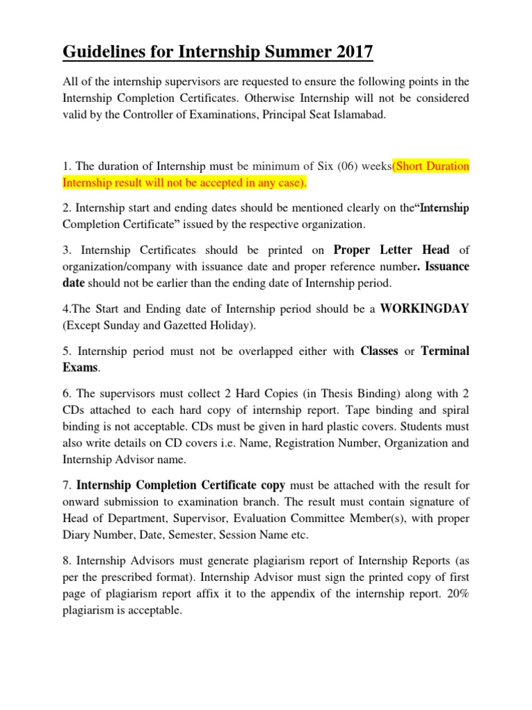 Guidelines For Internship Summer 2017: (Short Duration Internship ...