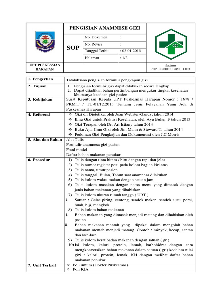Sop Pengisian Anamnese Gizi | PDF