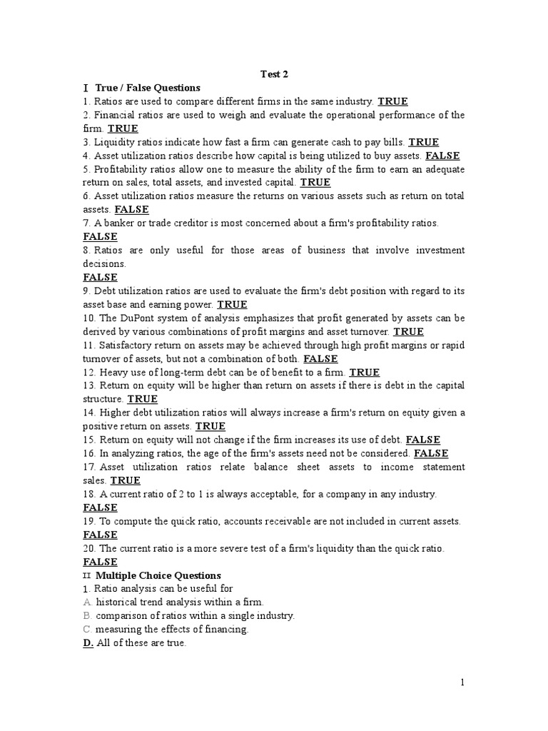 Test 2 True / False Questions | PDF | Revenue | Return On Equity