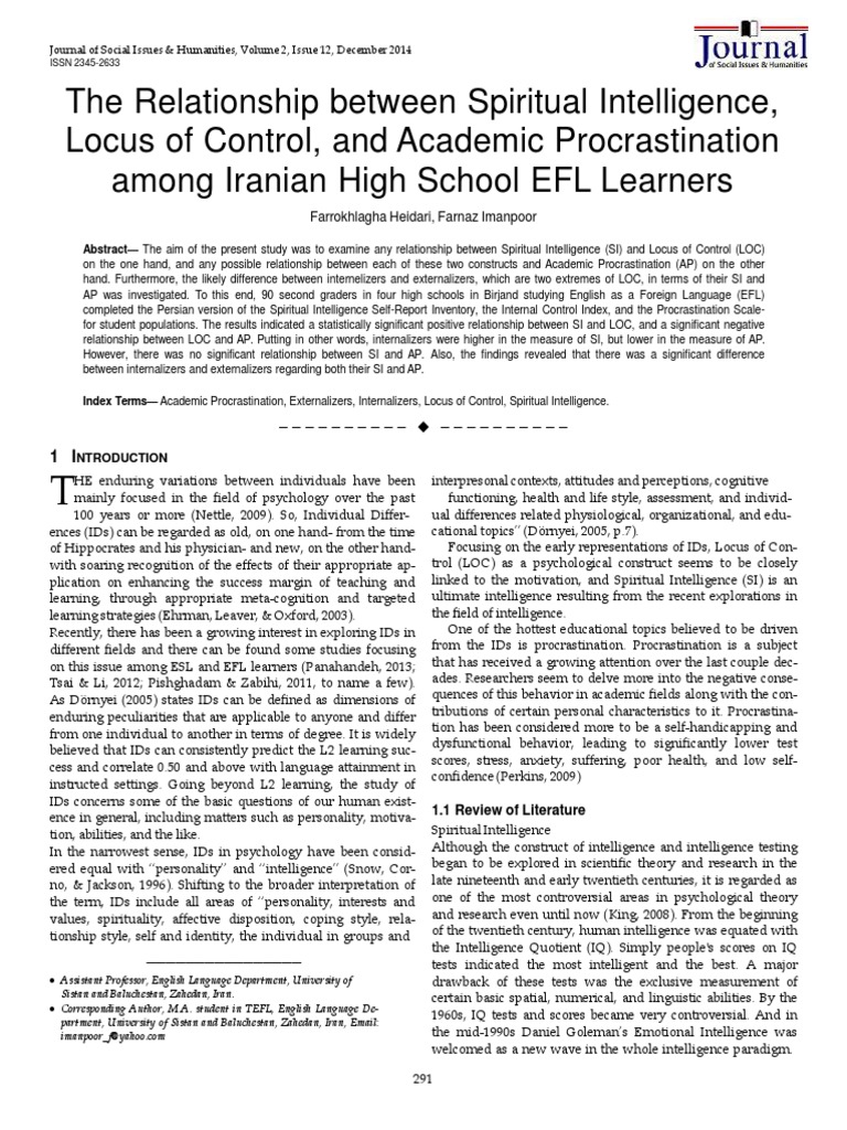 The Relationship Between Spiritual Intelligence Locus of Control and Academic Procrastination ...