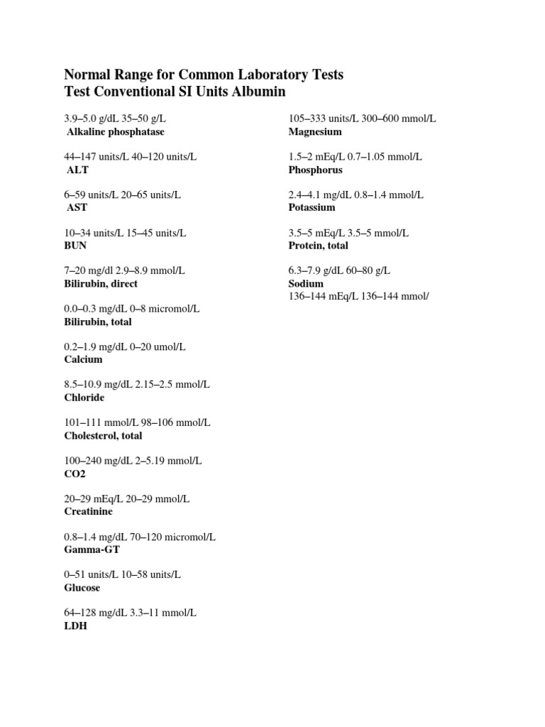 Normal Lab Test Ranges Guide | PDF