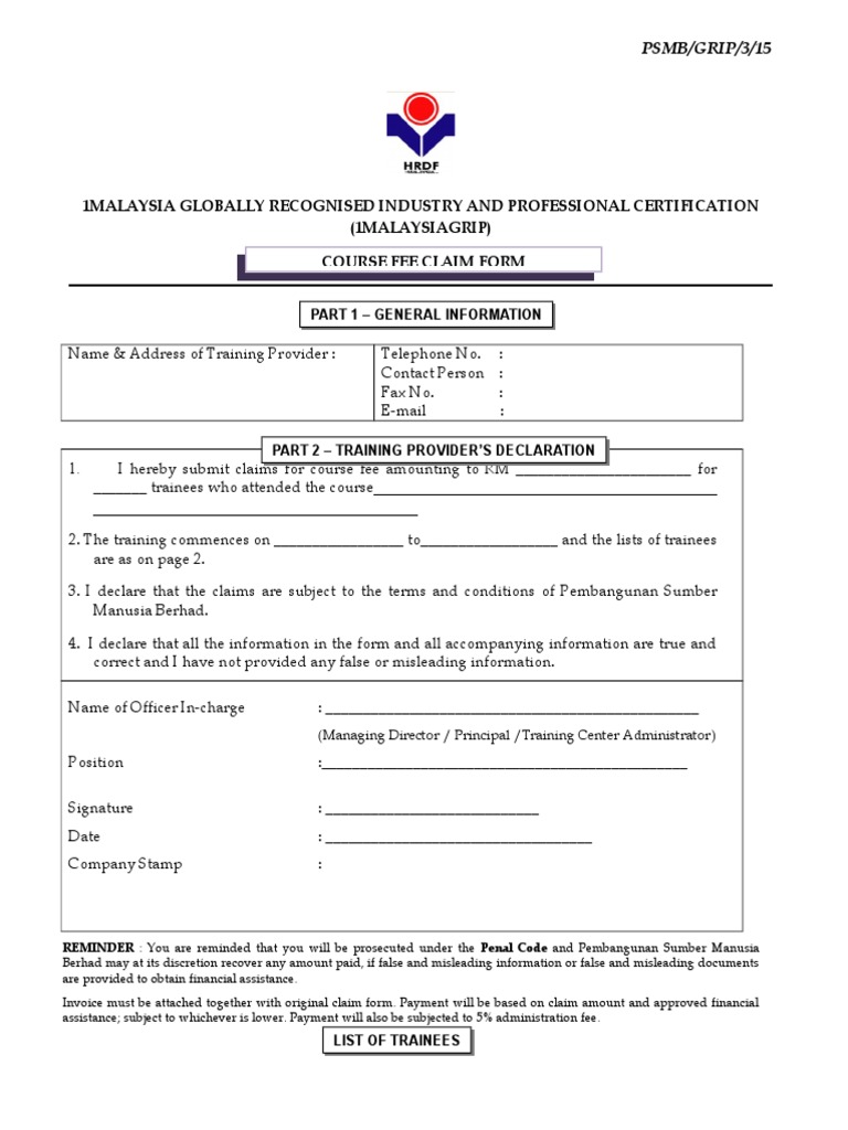1MGRIP-Course Fee Claim Form | PDF | Government | Business