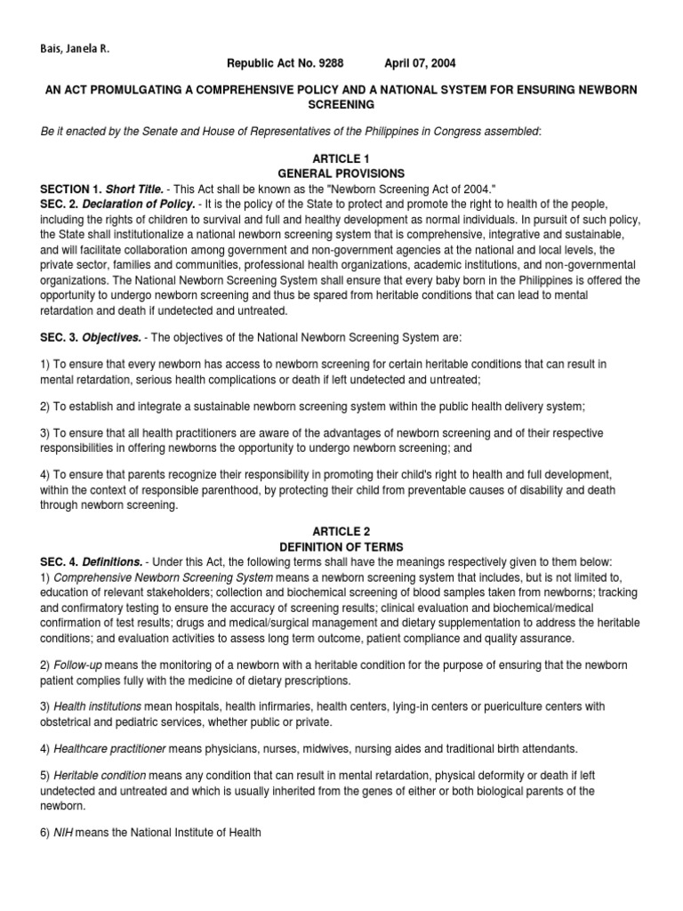 Republic Act No 9288 | PDF | Screening (Medicine) | National Institutes ...