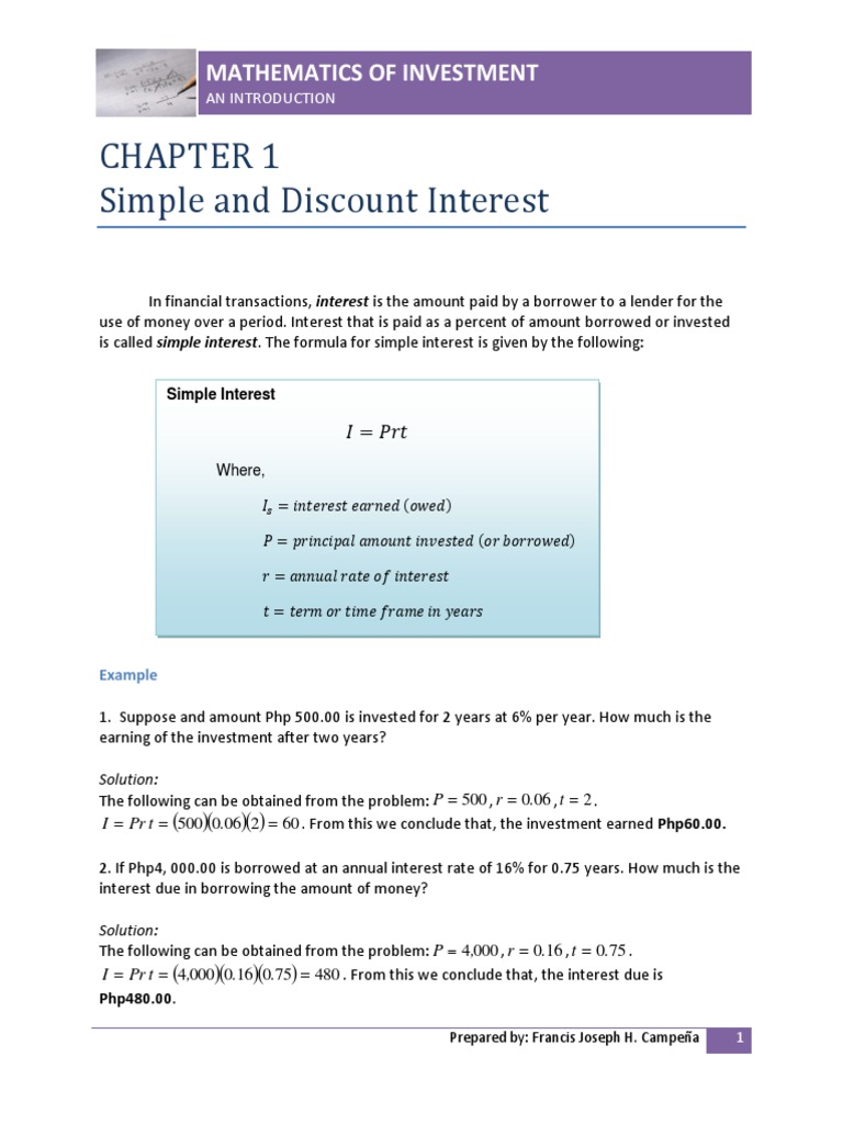 Simple and Discount Interest: Mathematics of Investment | PDF ...