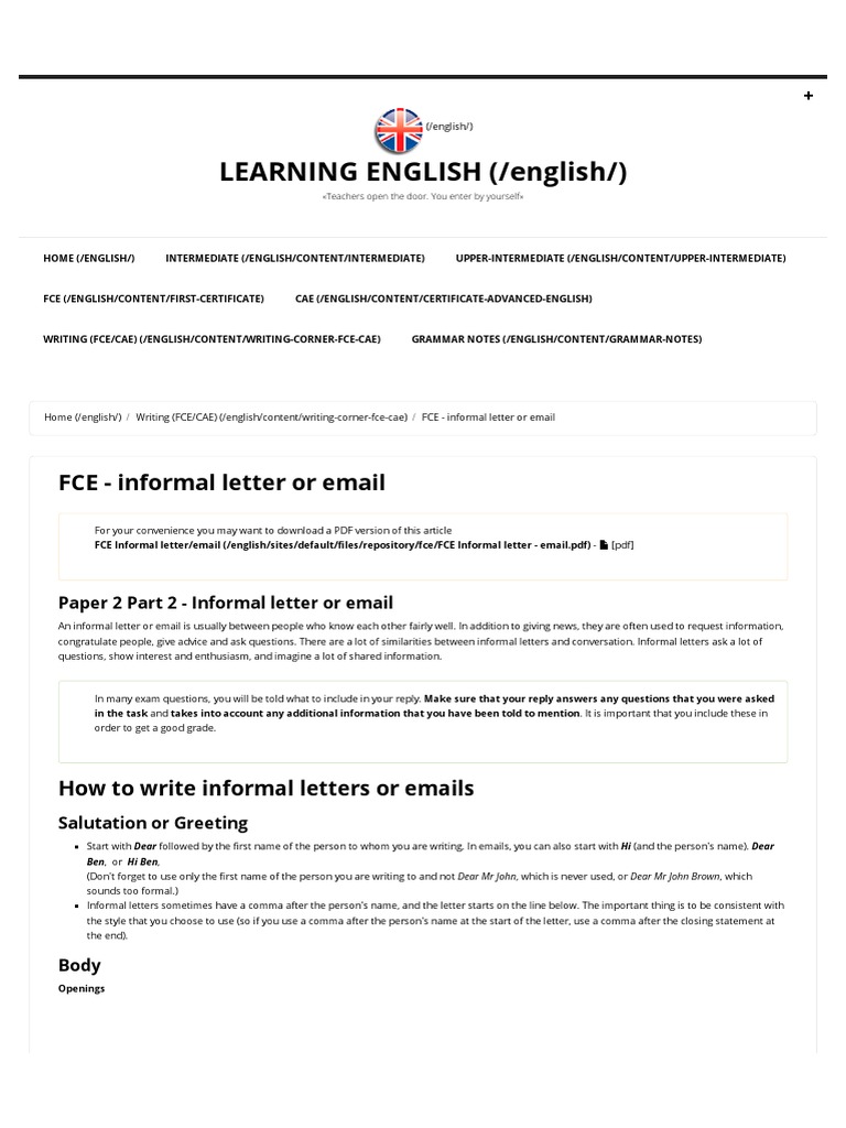 FCE - Informal Letter or Email - LEARNING ENGLISH | PDF | Test ...