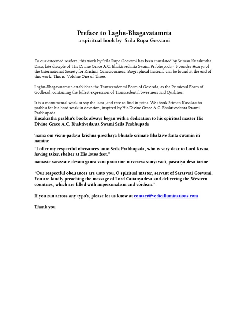 Preface To Laghu-Bhagavatamrta: A Spiritual Book by Srila Rupa Gosvami | PDF