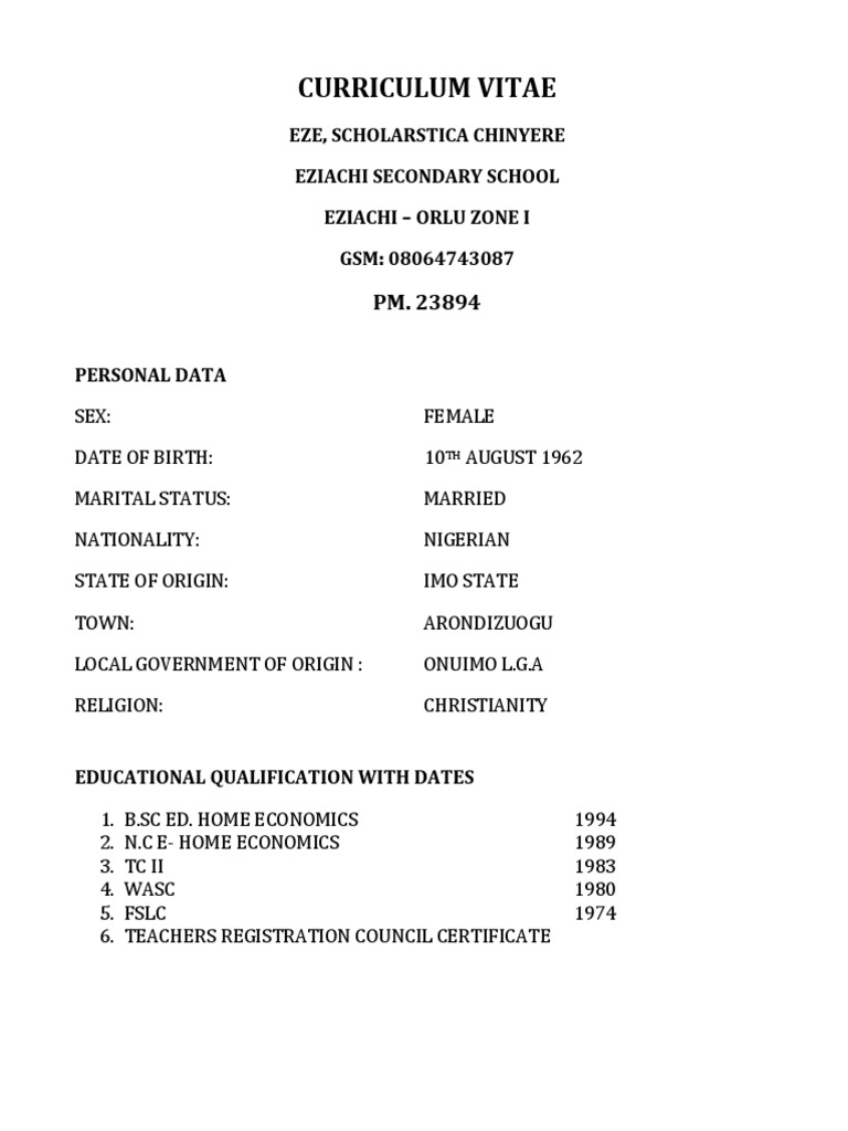 Curriculum Vitae: Eze, Scholarstica Chinyere Eziachi Secondary School Eziachi - Orlu Zone I GSM ...