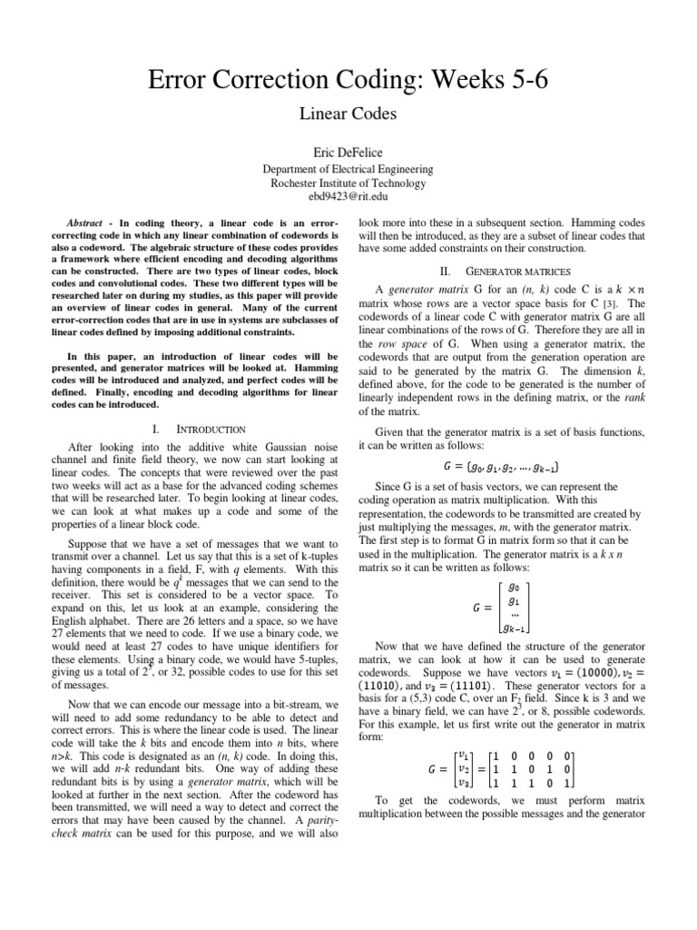Error Correction Coding Part 3 Pdf Matrix Mathematics Forward Error Correction