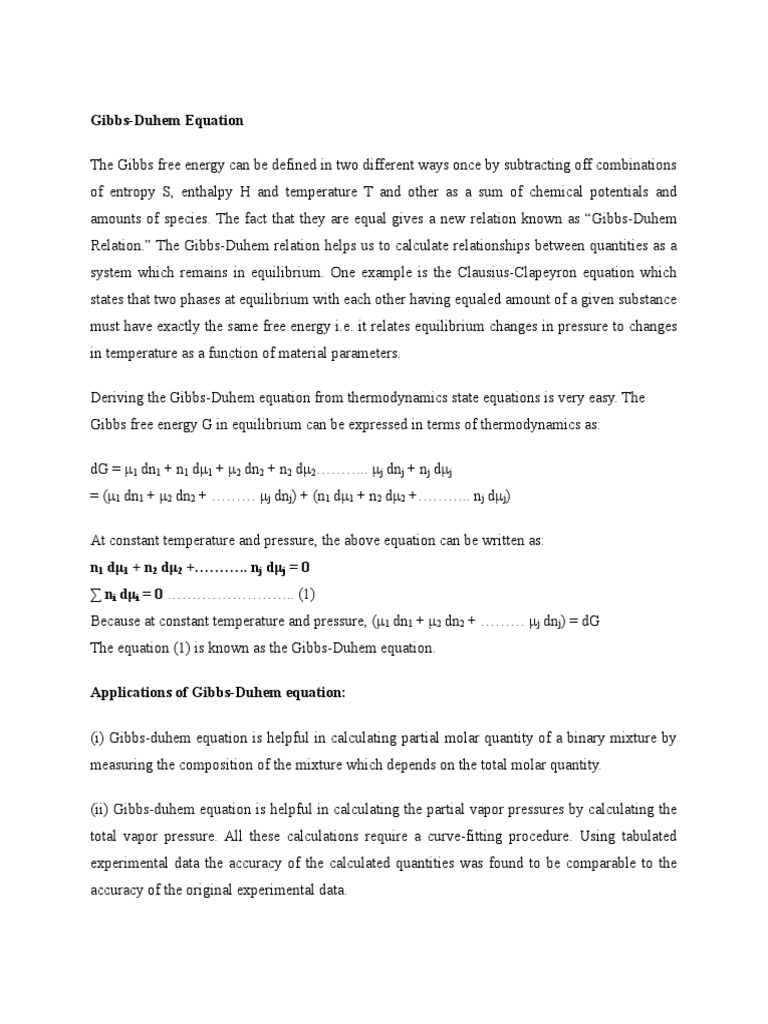 Deriving the Gibbs-Duhem Equation and Explaining its Applications in ...
