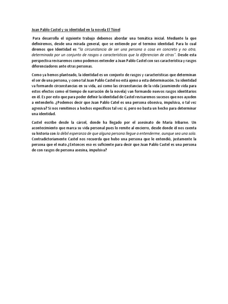 Identidad de Juan Pablo Castel en El Túnel | PDF