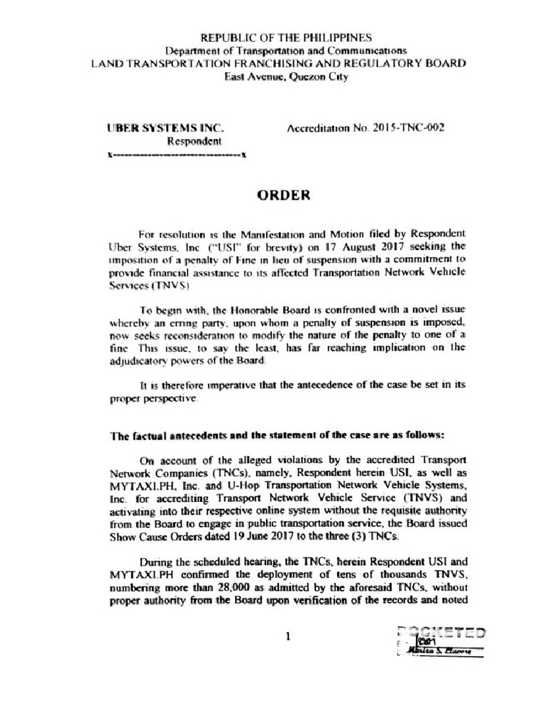 LTFRB August 25, 2017 Order | PDF