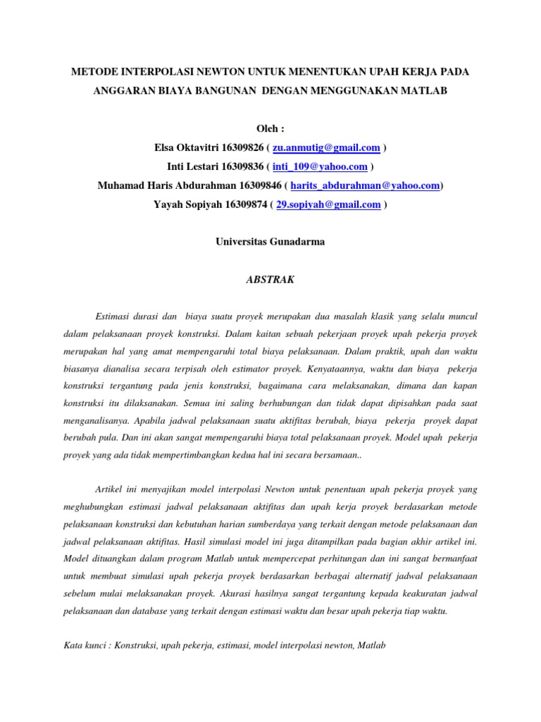 Metode Interpolasi Newton untuk Menghitung Upah Kerja Berdasarkan Waktu Kerja pada Proyek ...