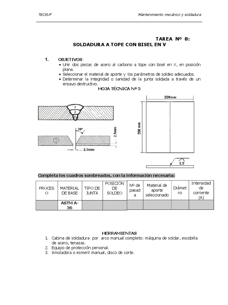 Tarea 8 Soldadura a tope con bisel.doc | Soldadura | Materiales ...
