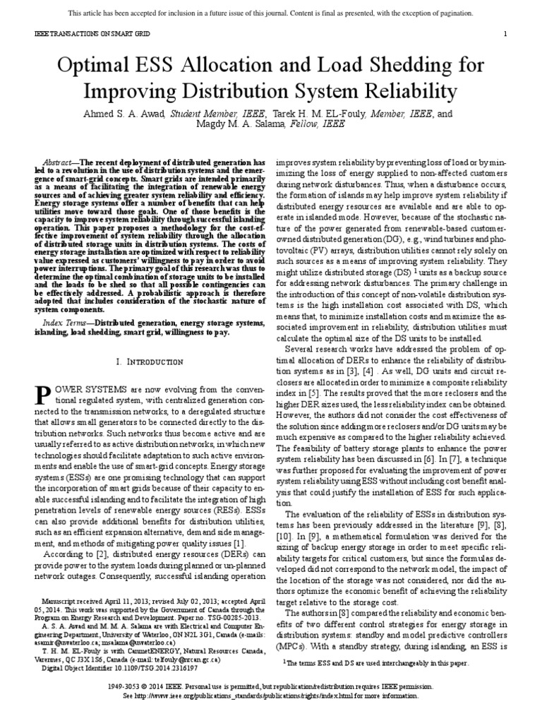 Optimal ESS Allocation and Load Shedding For Improving Distribution System Reliability | PDF ...