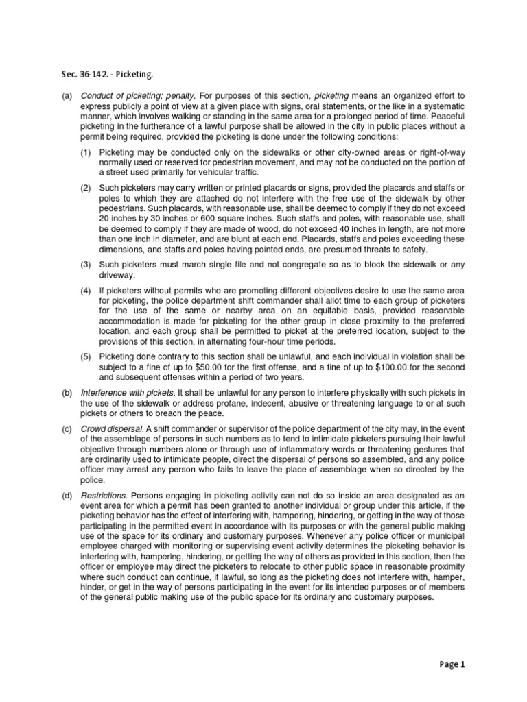 Sec. 36 142. Picketing. | PDF | Picketing | Crime & Violence