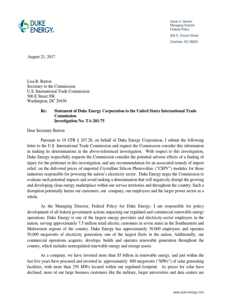 Duke Letter Opposing The Suniva/SolarWorld Trade Case | PDF | Renewable ...