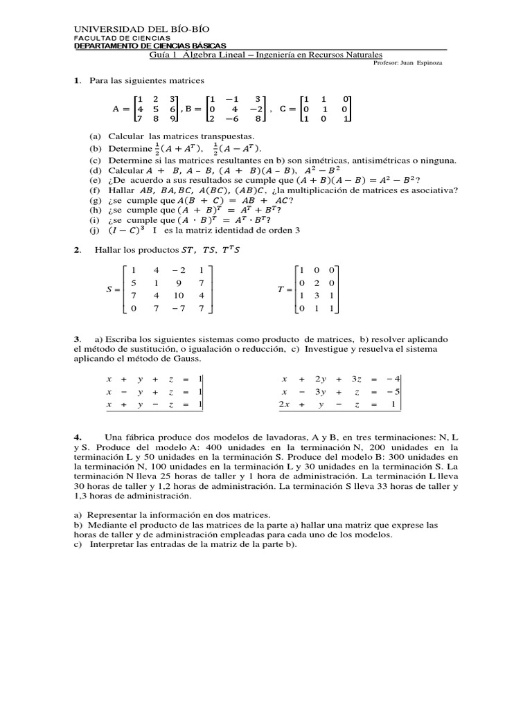 Guia N1 Matrices y Sistemas | PDF | Matriz (Matemáticas) | Matemáticas Aplicadas