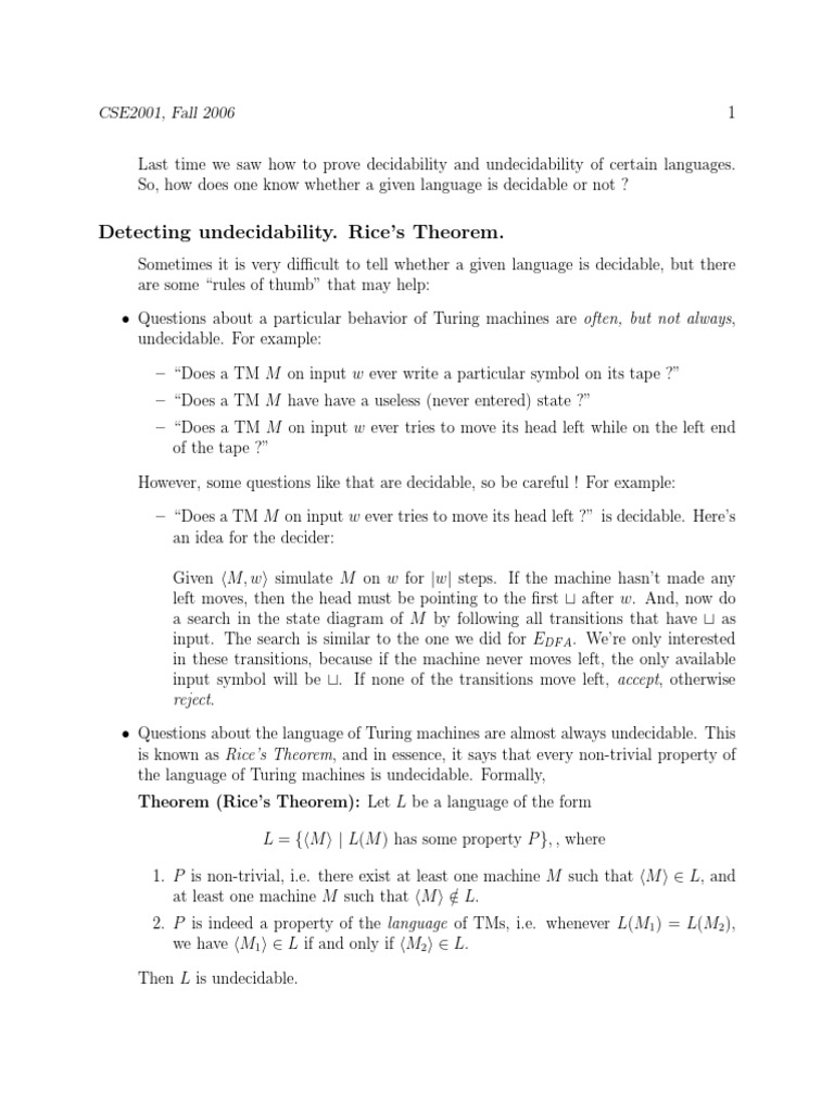 Detecting Undecidability. Rice's Theorem | PDF | Logic | Mathematical Logic