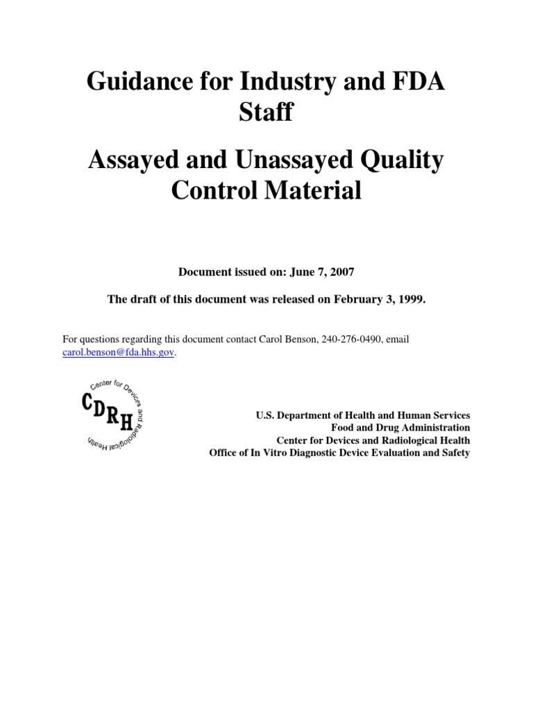 Guidance For Industry and FDA Staff Assayed and Unassayed Quality ...
