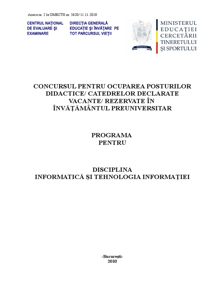 Informatica Si Tehnologia Informatiei Programa Titularizare P | PDF