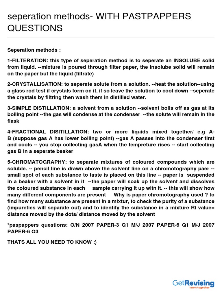 Seperation methods-WITH PASTPAPPERS Questions | PDF