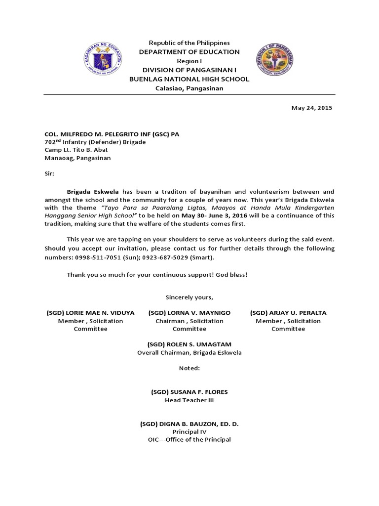 Letter of Request To The AFP For Brigada ESKWELA