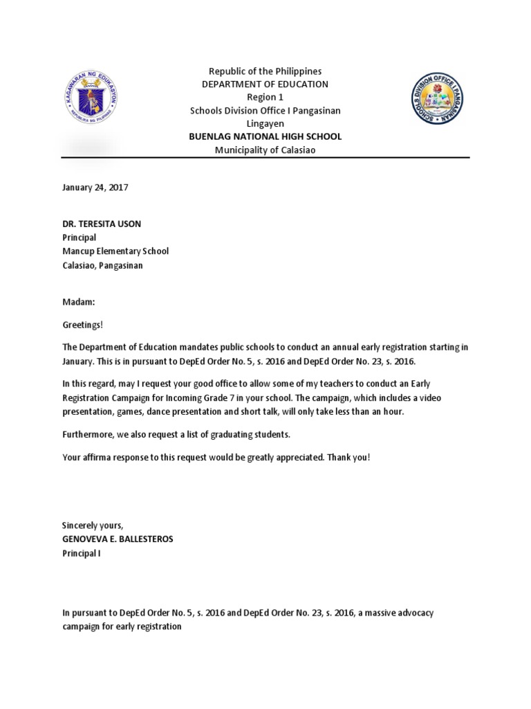 Letter To Principals Early Registration | PDF