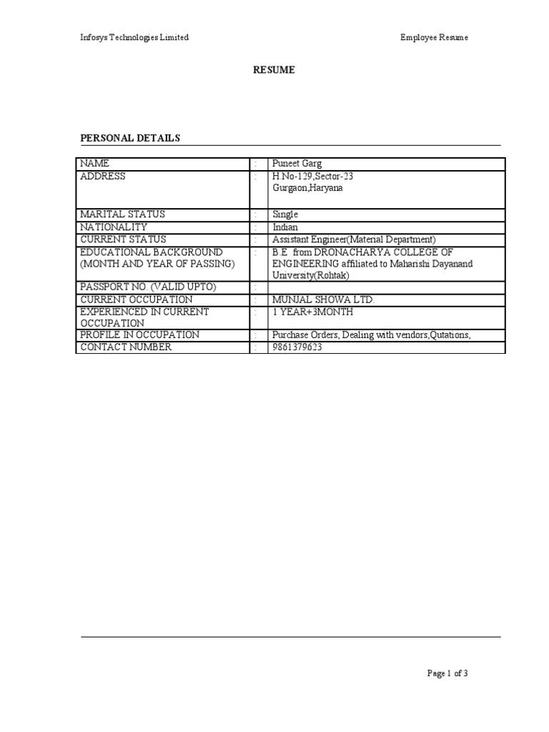 Infosys Resume Format