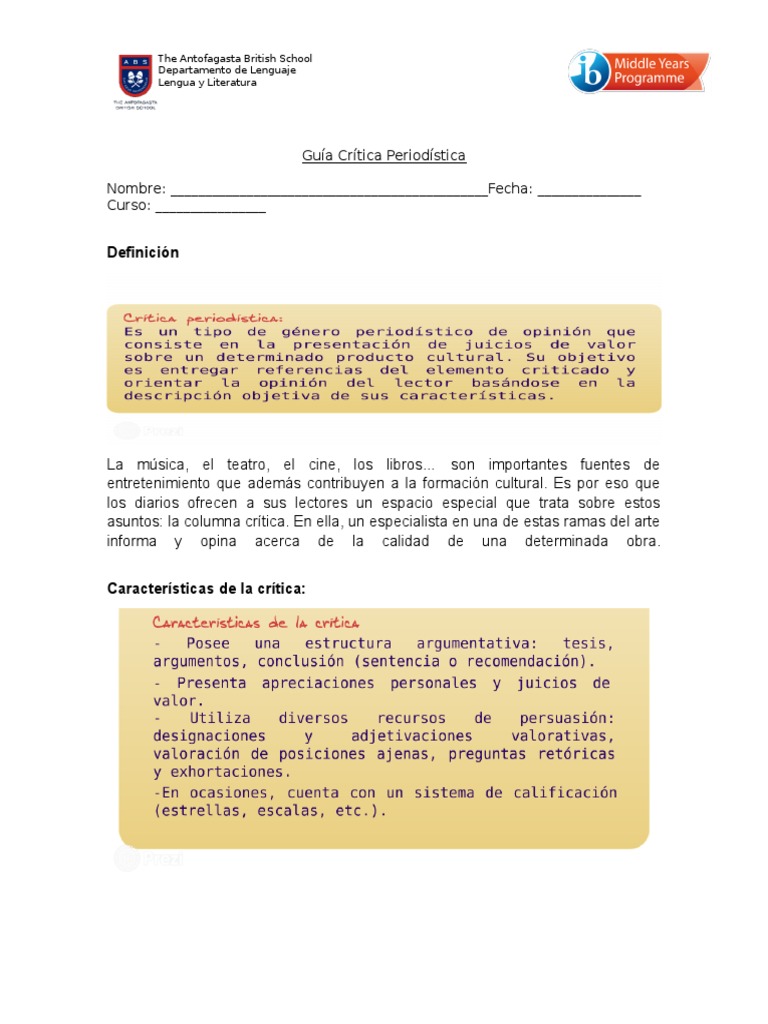 Guía Estructura de La Crítica Periodística | Crítica literaria | Autor