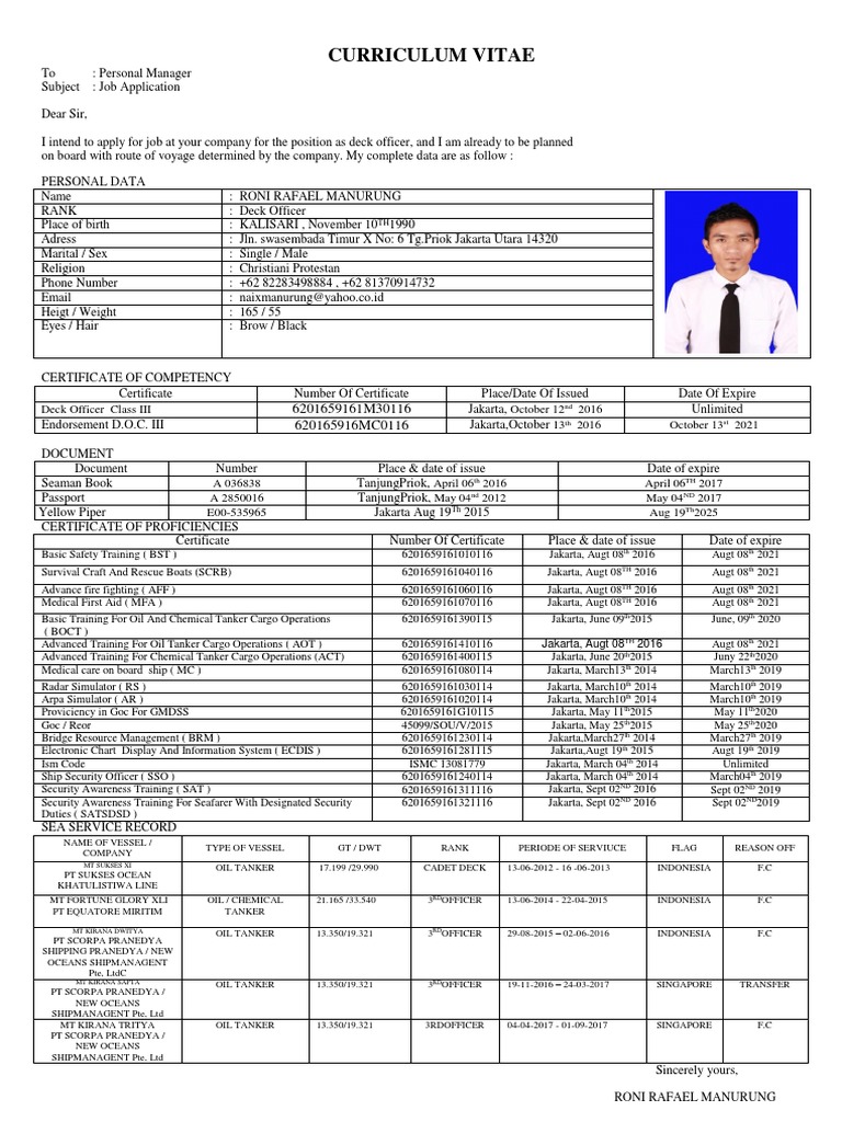 CURRICULUM VITAE NEW (Roni Rafael Manurung) | PDF | Oil Tanker | Ships