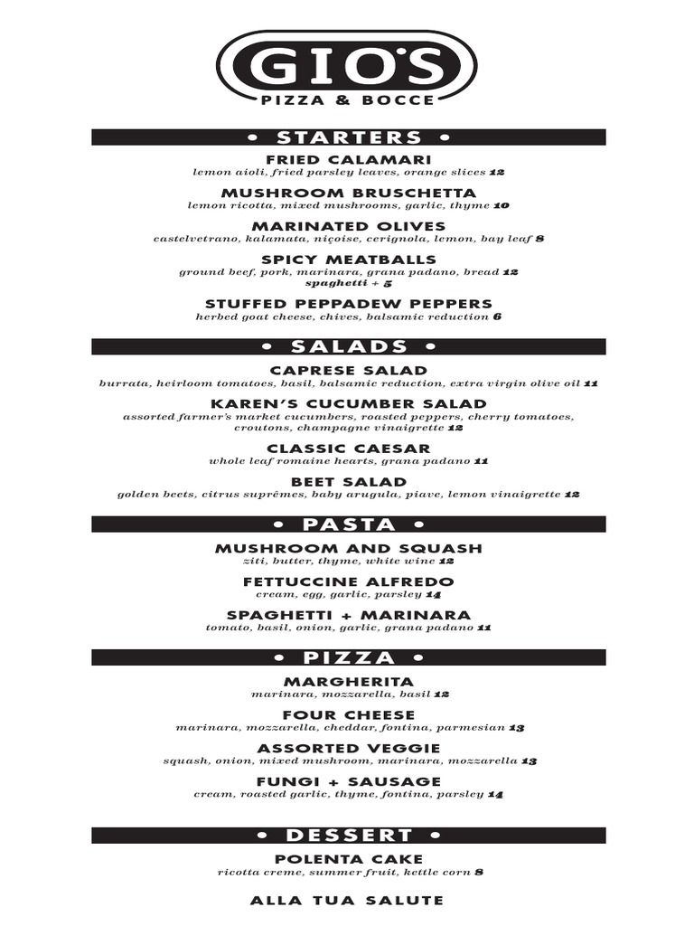 Gio's Food Menu | PDF | Salad | Ale