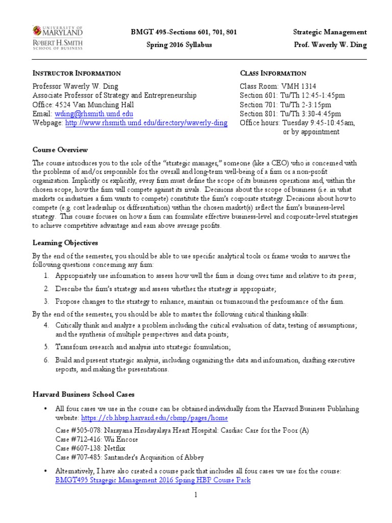 495 Course Syllabus | PDF | Strategic Management | Test (Assessment)