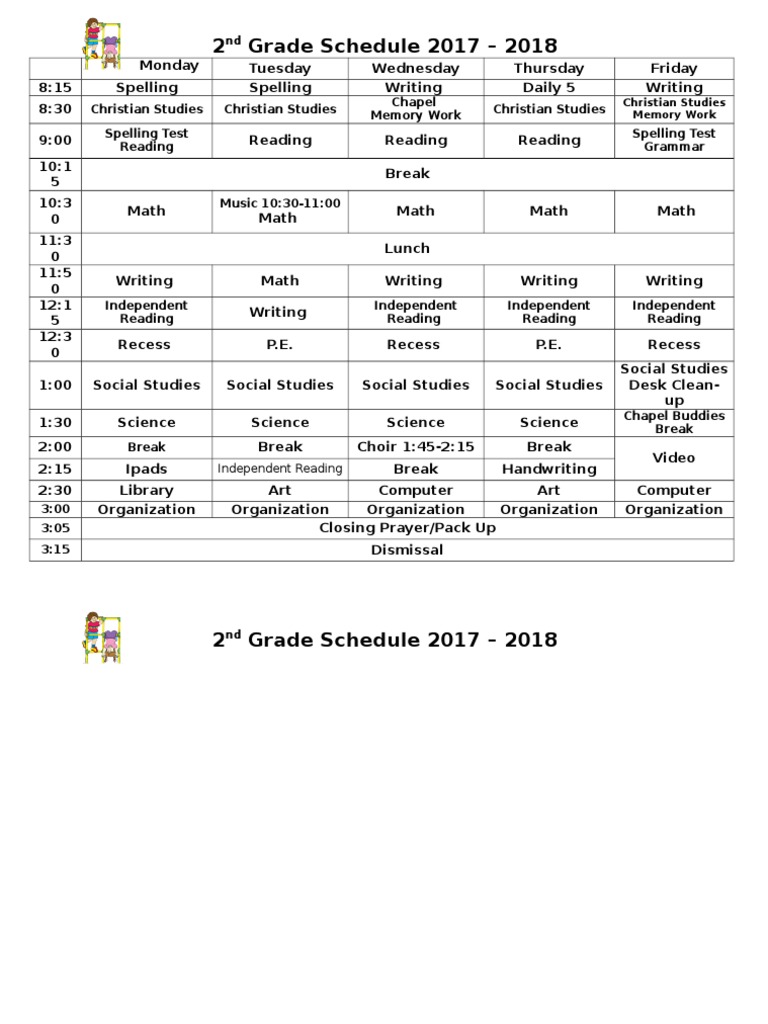 2nd Grade Schedule 2017-18 | PDF