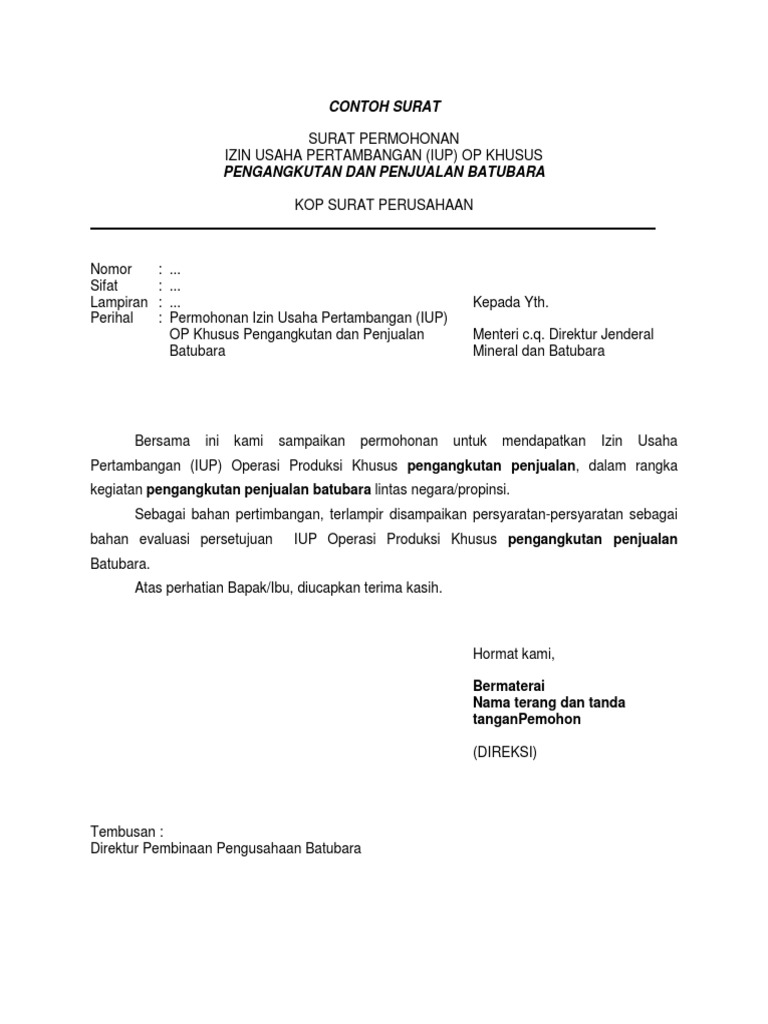Contoh Surat Permohonan IUP OP Khusus Angkut Jual Batubara MINERBA PDF ...
