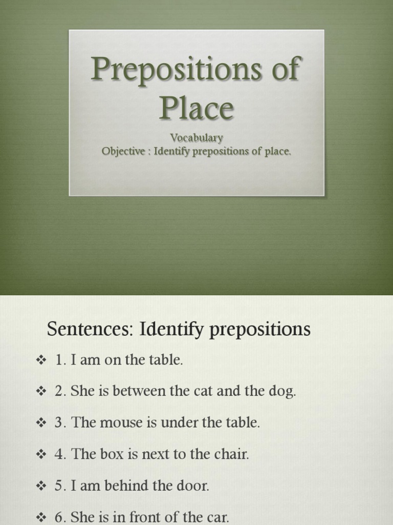 Vocabulary Objective: Identify Prepositions of Place | PDF