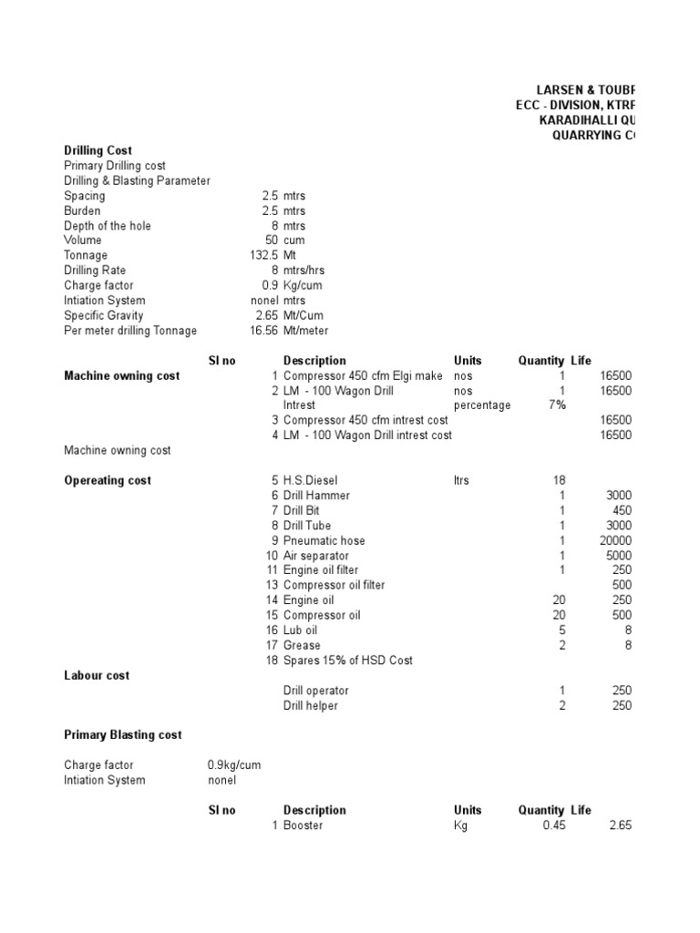 Quarry Costing 1 | PDF | Drill | Energy And Resource