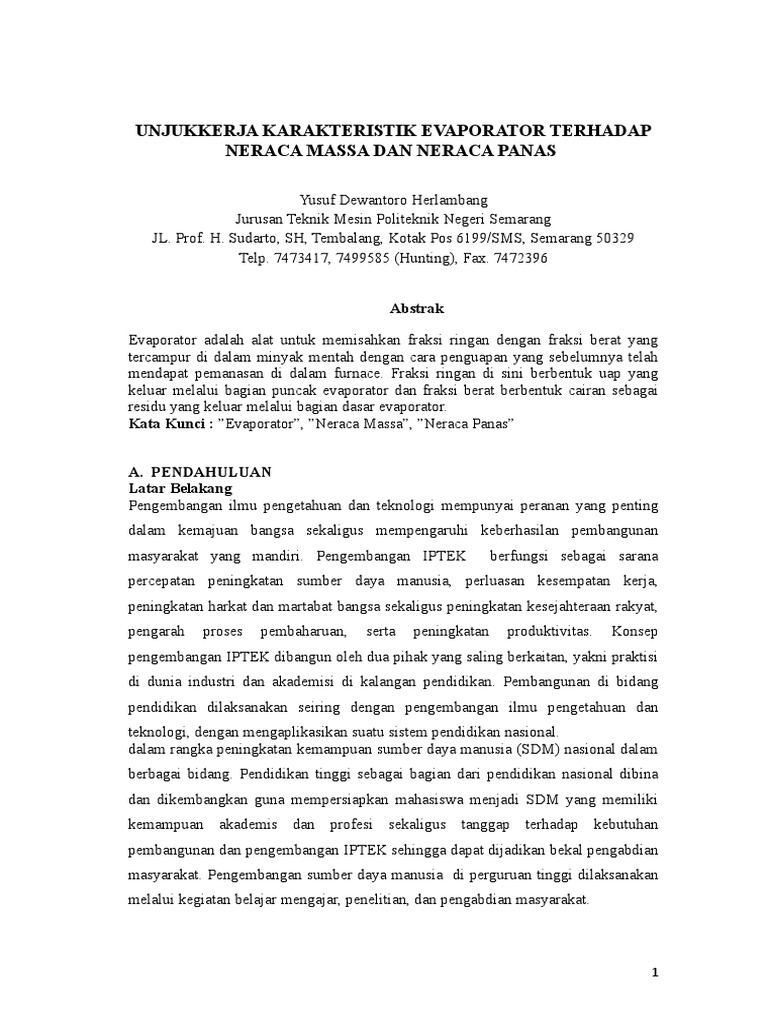 Unjukkerja Karakteristik Evaporator Terhadap Neraca Massa Dan Neraca ...