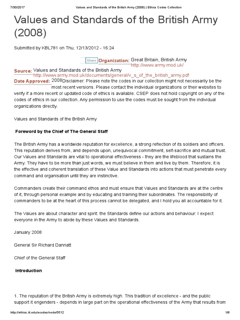 Values and Standards of The British Army (2008) - Ethics Codes ...