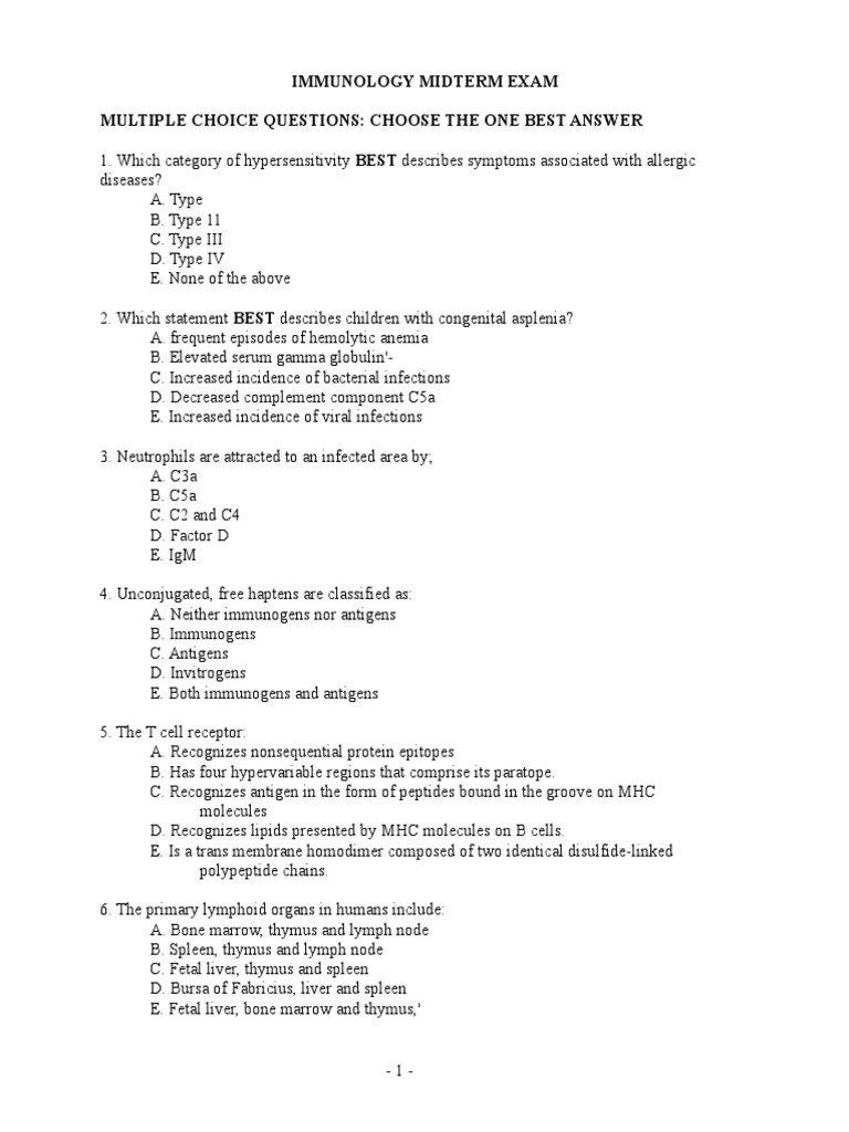 Immunology Midterm Exam Multiple Choice Questions: Choose The One Best ...
