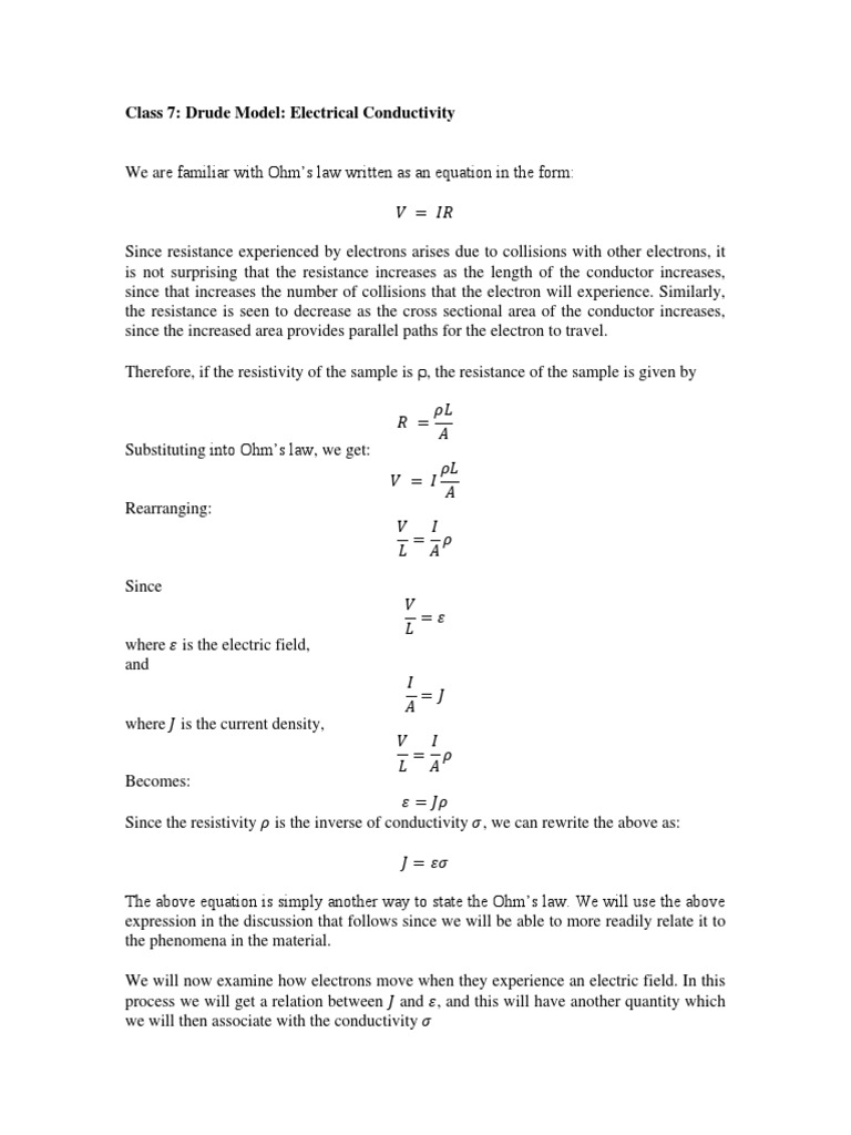 Class 7: Drude Model: Electrical Conductivity | Download Free PDF ...
