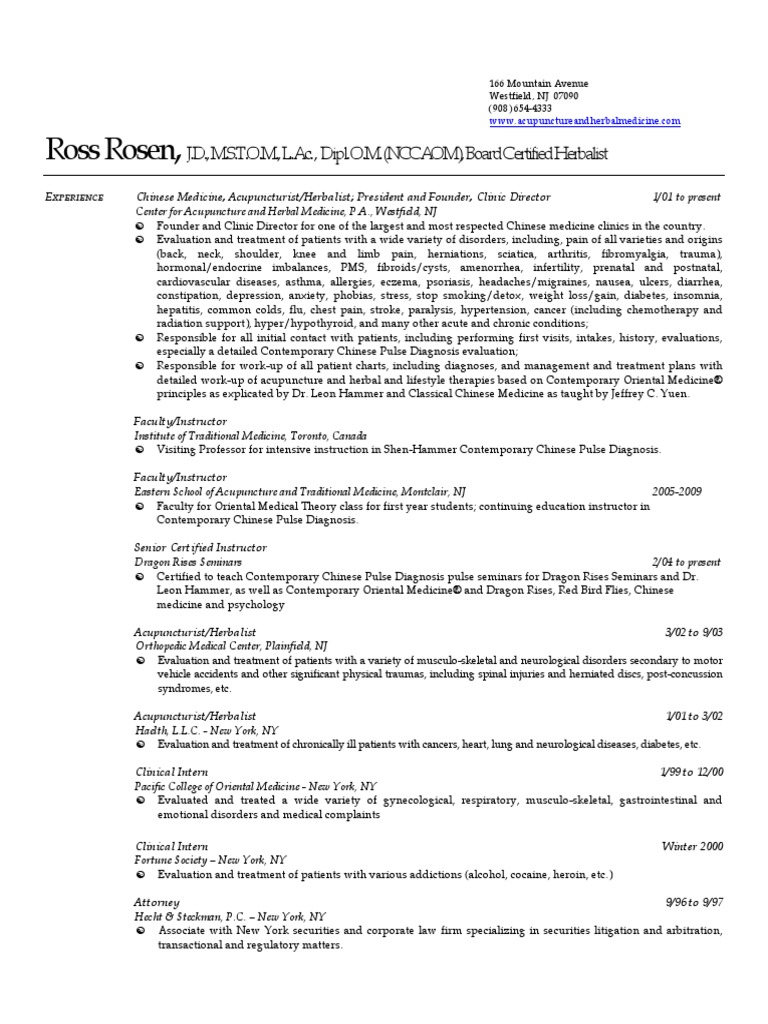 Ross Rosen Resume | PDF | Acupuncture | Traditional Chinese Medicine