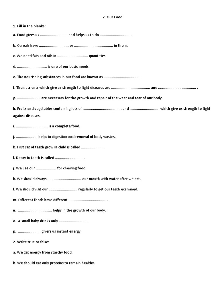 Our Food 1. Fill in The Blanks | PDF | Vegetables | Foods