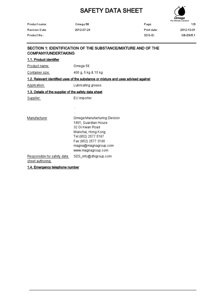 Sds Omega 58 GB | PDF | Dangerous Goods | Occupational Safety And Health