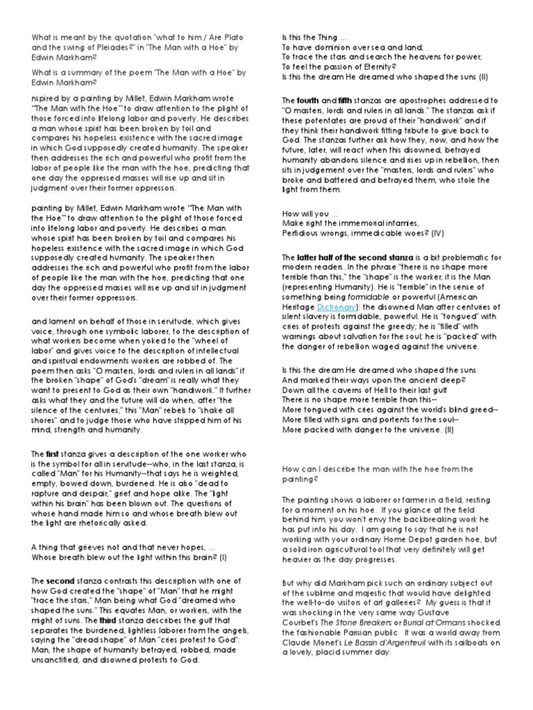 The Man with the Hoe: Analysis of Edwin Markham's Poem | PDF | Poetry | God